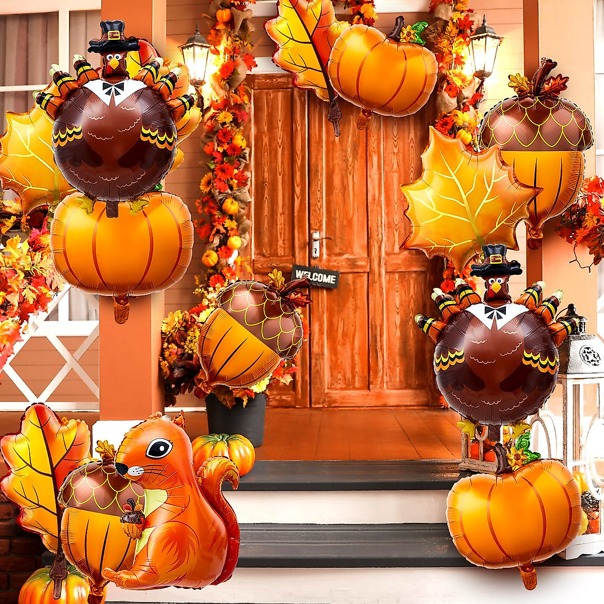 Gemscream 18 Pcs Thanksgiving Foil Balloons Set Large Happy Fall Balloons Maple Leaf Pine Cones Pumpkin Leaf Turkey Squirrel Thanksgiving Balloons for Autumn Theme Festival Party Supplies