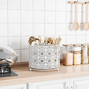 YIUKEA Rotating Utensil Caddy Holder - Higher Raised Cutlery Caddy Countertop - Metal Silverware Caddy Organizer with 4 Compartment for Kitchen Counter Party Office white