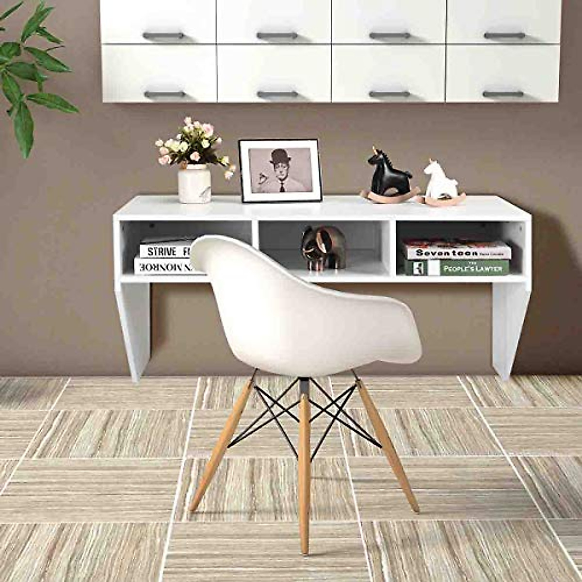 WATERJOY Wall Mounted Desk Computer Desk Floating Table, Home Office Working Desk, Wall Mounted Console Workstation Laptop PC Table with Storage Shelves White