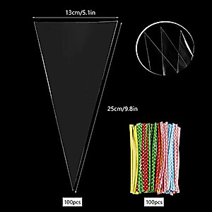 Pack of 100 Sweet Bags, 25 x 13 cm, Candy Bar Bags, Cone Bag, Cellophane Bags with 100 Twist Ties, Gift Bags for Sweets, Chocolate, Sweets, Biscuits