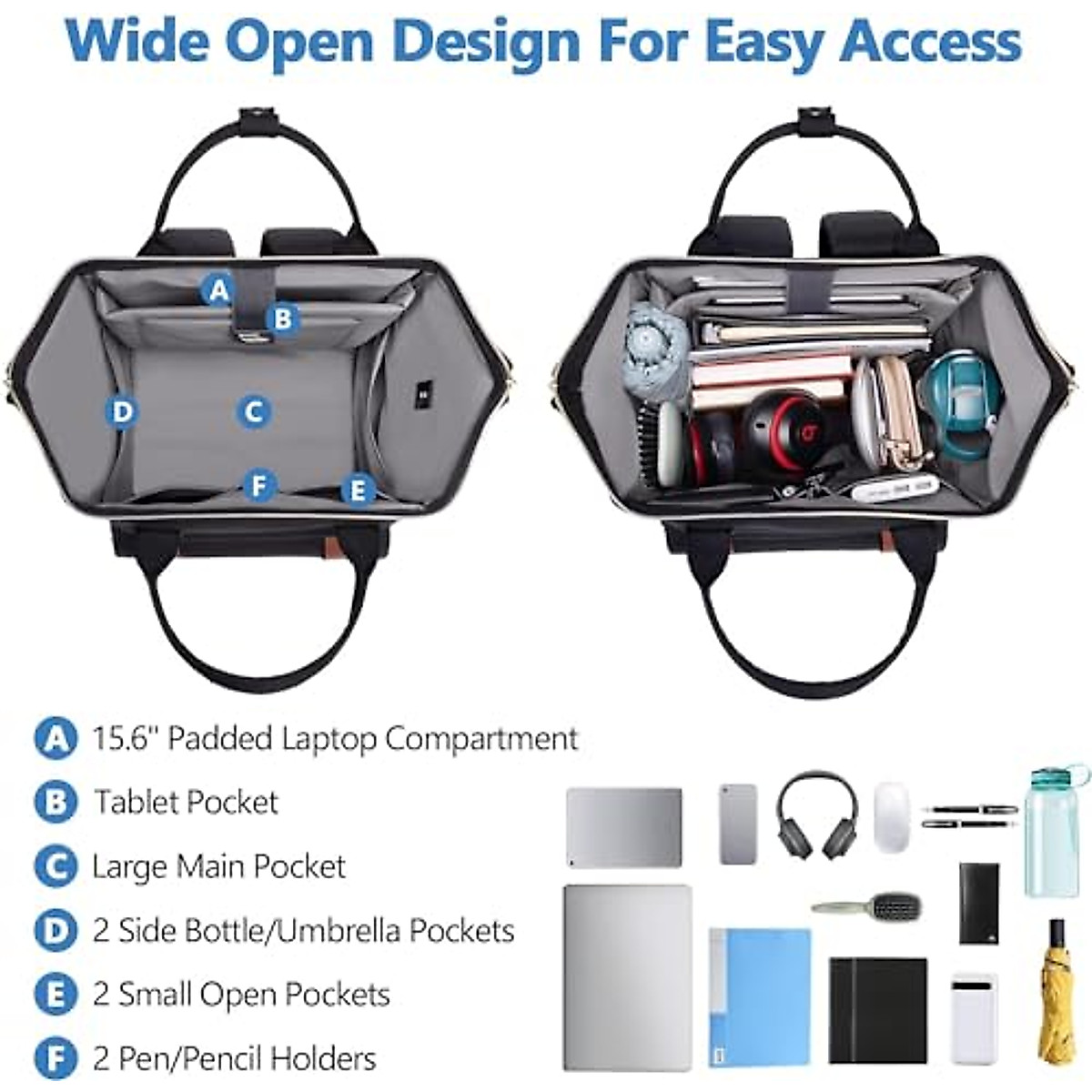 kasibon17.3 inch Laptop Backpack for Women, Large Wide Top Open Travel Backpack Work Bag Water Resistant Anti Theft Backpack with Charging Port