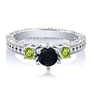 Gem Stone King 0.72 Ct Round Black Onyx Green Peridot 925 Sterling Silver Ring (Size 7)