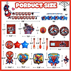 Spider Birthday Decorations,210pcs Birthday Party Supplies Include Happy Birthday Banner,Tableware Set,Tablecover,Cake Toppers,Cupcake Toppers,Foil Balloons,Latex Balloons Set,Bottle Labels,Chocolate Stickers