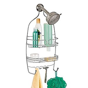 iDesign Neo Shower, Medium Metal Storage, Hanging Bathroom Caddy with 3 Shelves, 6 Hooks and 2 Suction Cups, Silver, Steel, One Size