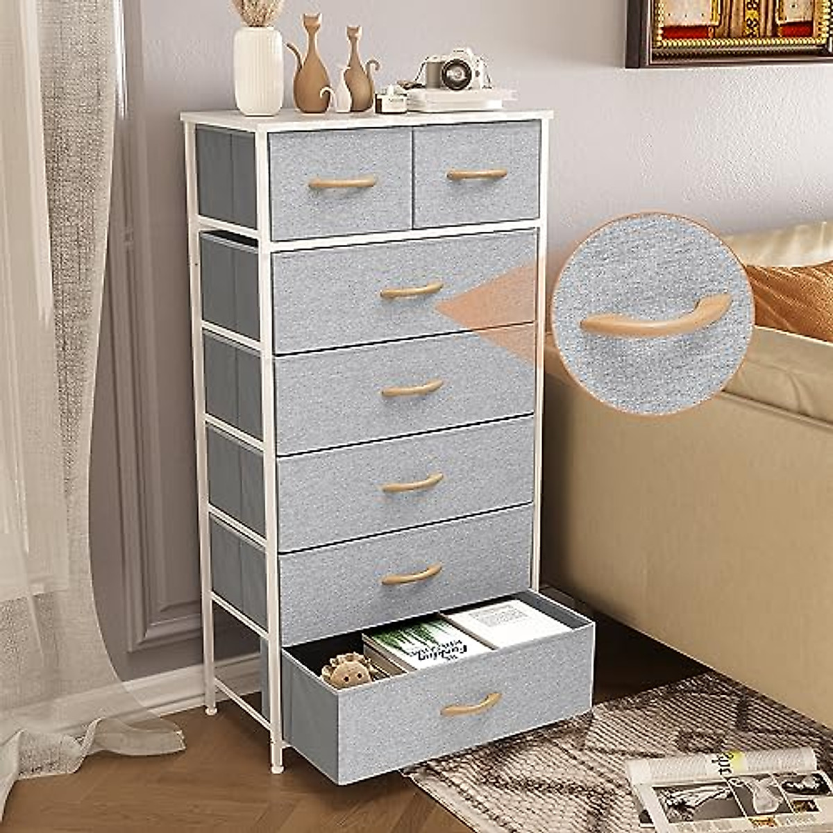 VredHom Tall Dressers for Bedroom, 7 Drawers Dresser Fabric Storage Closets Storage Units Organizer Tower Steel Frame Wooden Top for Bedroom, Hallway,Nursery, Entryway(Light Grey)