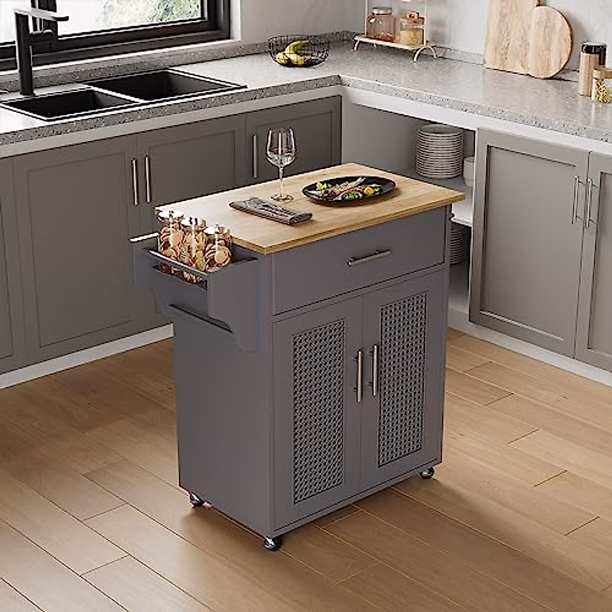 Tornama Kitchen Island with Storage, Rolling Kitchen Island on Wheels with Solid Wood Countertop, Kitchen Island Cart with Rattan Storage Cabinet, Spice Rack, Towel Rack and Drawers, Grey
