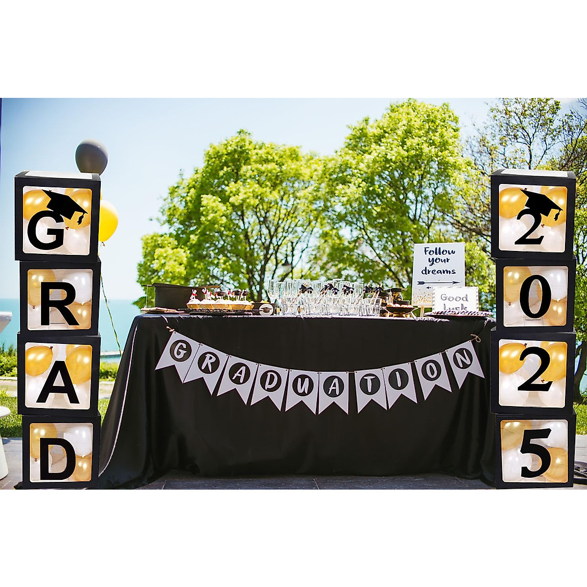 2024 2025 Graduation Party Decorations Graduate Balloon Boxes, 4 Pieces Black Balloon Boxes with Letters of GRAD, 2024/5 for Graduation Party Supplies, Class of 2024/5 School Grad Party Supplies
