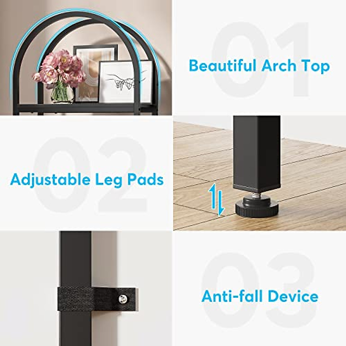 LITTLE TREE 4-Tier Arched Bookshelf, Tall Open Bookcase Storage Shelves, Wood Metal Freestanding Display Rack Tall Shelving Unit for Home Office, Bedroom, Living Room, Industrial Black