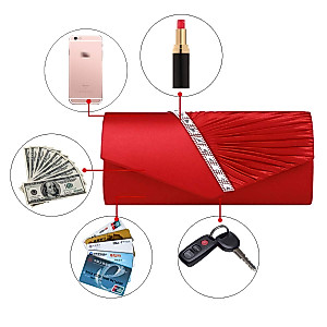 Goclothod Evening Clutch Handbag Women Fashion Pleated Crystal-Studded Crossbody Shoulder Bag Chain Clutch Purse (Red)