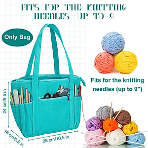 Cosblank Crochet Bag Tote Yarn Knitting Bag Corduroy Teal Yarn Storage Organizer for Crocheting Project Skein Knitting Needles Crochet Hooks Accessories