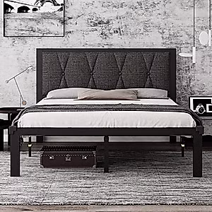 iPormis Queen Metal Platform Bed Frame with Upholstered Headboard, Upgraded Heavy Duty Bed Frame with Steel Slats Support/12 Under Bed Storage, Noise Free, No Box Spring Needed, Dark Gray
