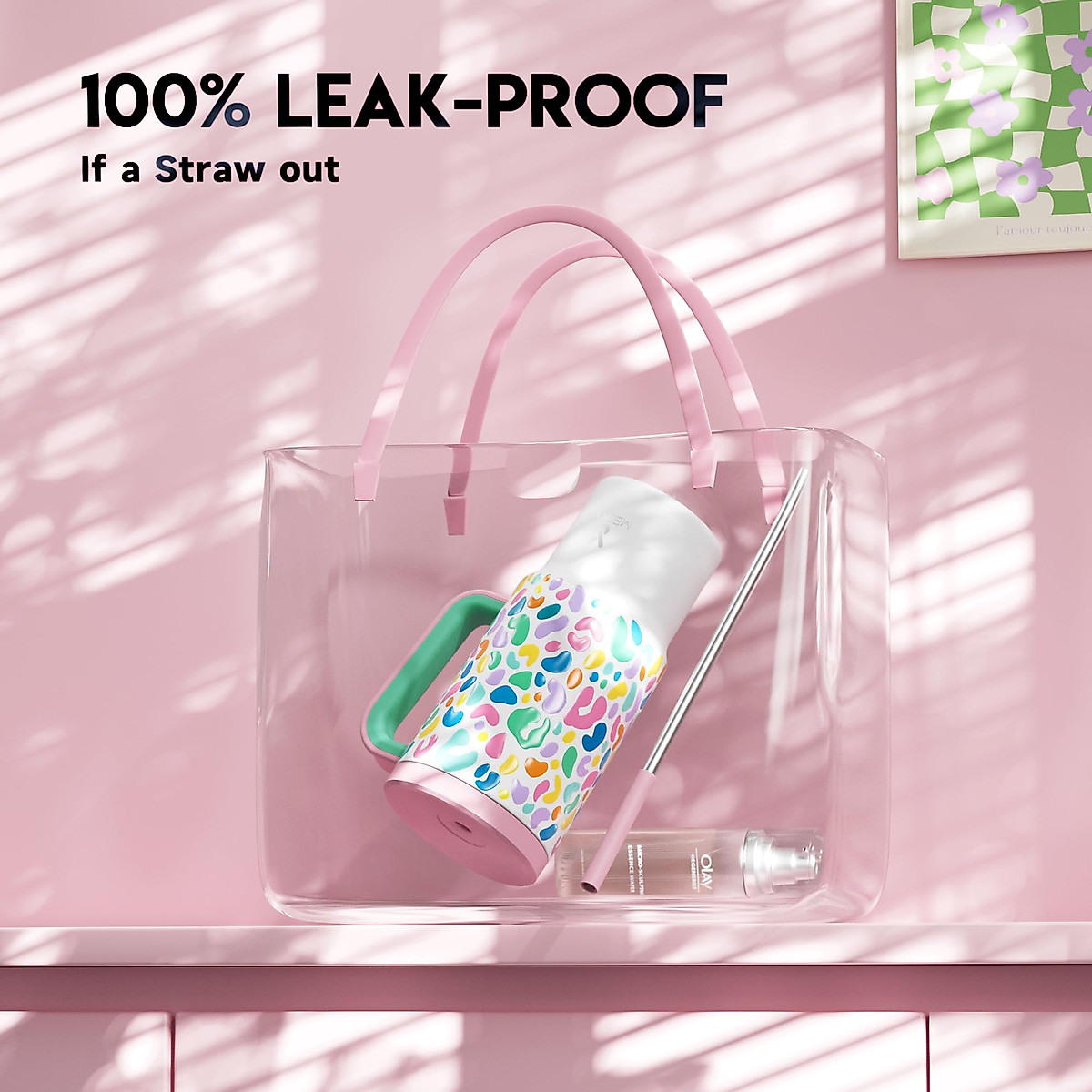 Meoky 24 oz Tumbler with Handle and Straw, 100% Leak-proof Tumbler with Lid and Straw, Insulated Stainless Steel Travel Coffee Mug, Keeps Cold for 24 Hours (Leopard)