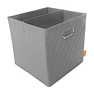 JIAessentials Large 13-inch Gray Foldable Diamond Patterned Faux Leather Storage Cube Bins Set of Four with Handles with Dual Handles for living room, bedroom and office storage
