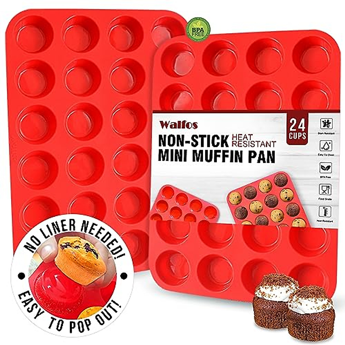 Walfos Silicone Cupcake Pan Set, 2-Piece Mini 24 Cups Muffin Baking Pan, BPA Free and Dishwasher Safe, Non-stick , Great for Making Muffin Cakes, Fat Bombs