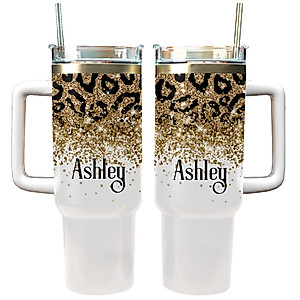 Personalized 40 oz Tumbler With Handle And Straw Lid Cheetah Print Glitter - Leopard Print Stainless Steel Insulated Travel Mug – Tumbler Gift For Women Mom Friend Teacher Nurse Her Birthday Christmas