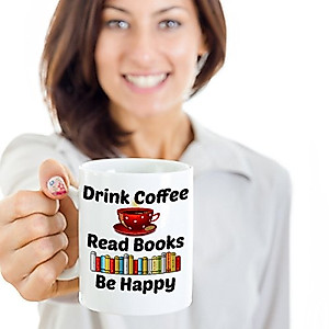 Vitazi Kitchenware Mug with Quote, 11 oz - Drink Coffee Read Books Be Happy (White)