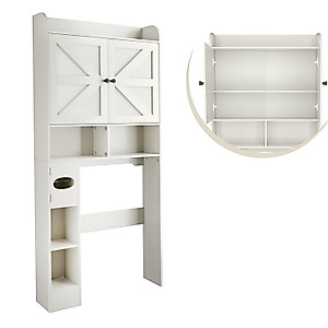 MUUEGM 32.3''W Over The Toilet Storage Cabinet with Barn Doors, Over Toilet Organizers and Storage with Toilet Paper Holder, Bathroom and Laundry Storage Cabinet with Adjustable Bottom Bar, White