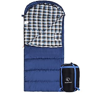 REDCAMP Cotton Flannel Sleeping Bag for Adults, XL 32/41/50F Comfortable, Envelope with Compression Sack Blue 3lbs (91"x35")