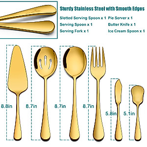 Homikit 6 Pieces Gold Serving Utensils, Modern Stainless Steel Serving Hostess Set with Serving Spoons, Serving Fork, Pie Server, Butter Knife, Ice Cream Spoon, Mirror Polished, Dishwasher Safe