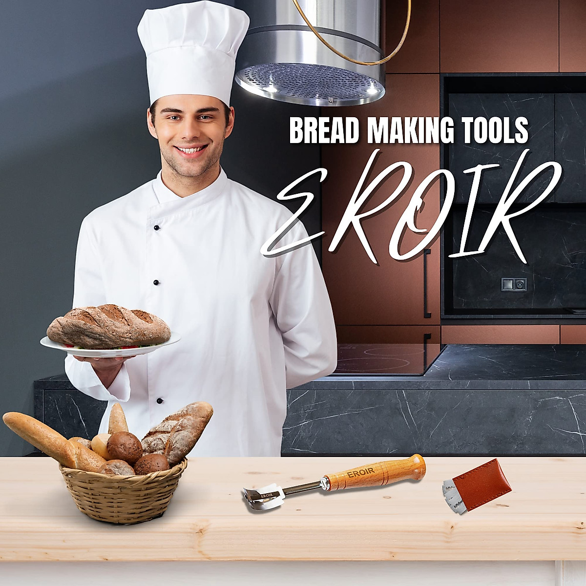 EROIR Hand Crafted Bread Lame Dough Scoring Tool in Wooden Storage Box for Sourdough Bread Baking - Dough Scoring Knife with 10 Extra Blades and a Protective Leather Cover