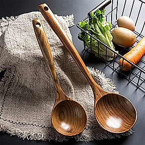 2 Pcs Wooden Spoon Ladle for Cooking Spoons-14 inch Long Kitchen Cooking Spoon & 11 inch Best Wood Spoons Large Deep Serving Spoons Soup Ladles Set