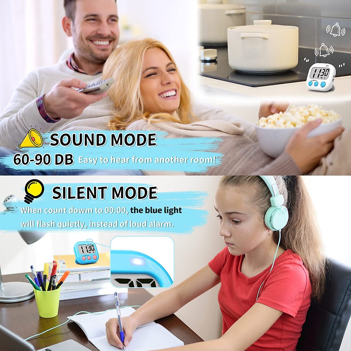 Timer for Kids Teachers Digital Kitchen Timers for Cooking Large Magnetic Classroom Timer 2Pack-White Blue