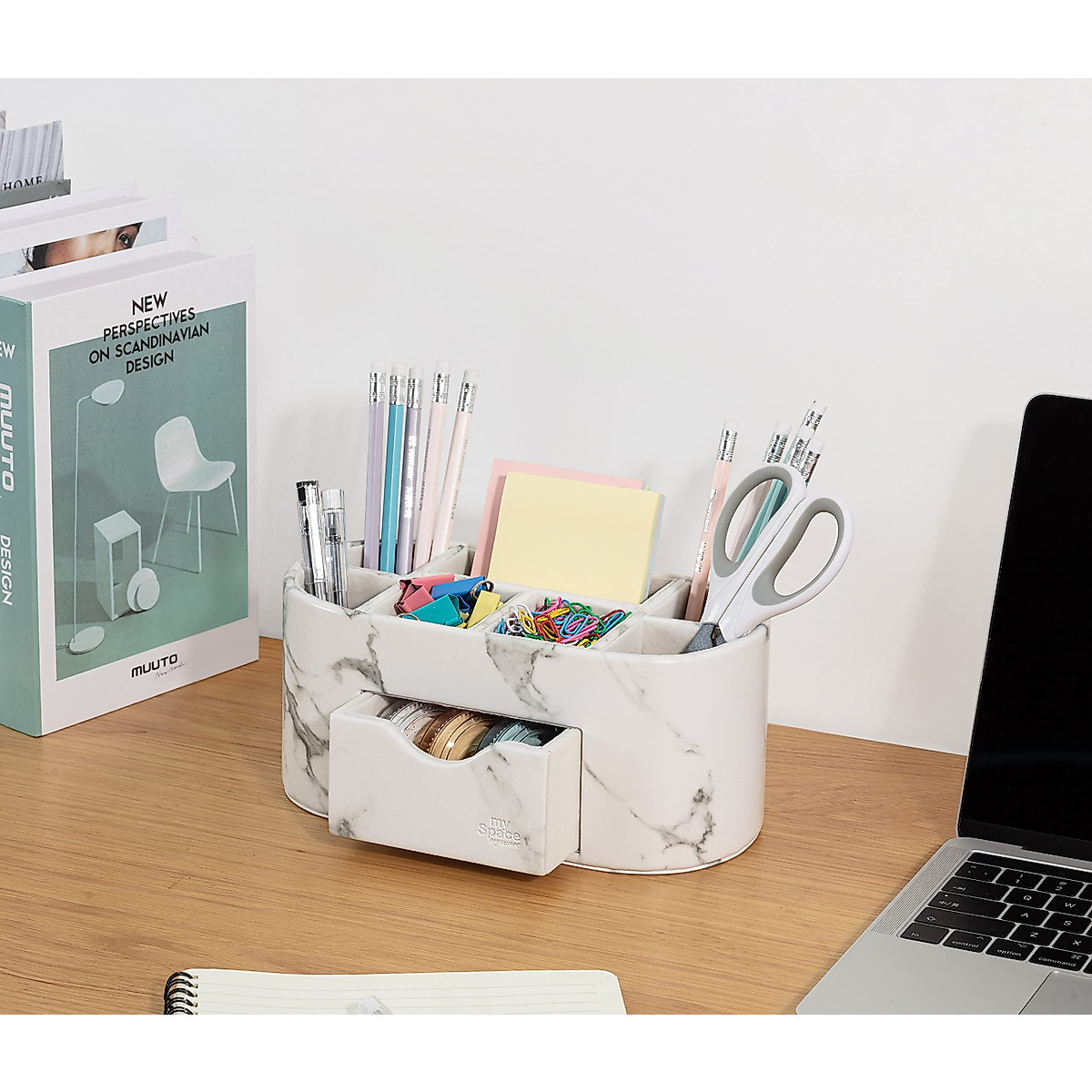 Marble Desk Organizer For Office Supplies Desk Accessories - Pencil Pen Holder Decor - Home School College Organization Desktop Caddy - Faux Leather