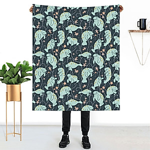 Plush Fluffy Throw Blanket Cute Manatee Sea Animals Starfish Bed Blanket for Boys Girls Teens Smooth Soft Flannel Blanket for Sofa Chair Office Travel Camping Outdoor Home Decor 50"x60"
