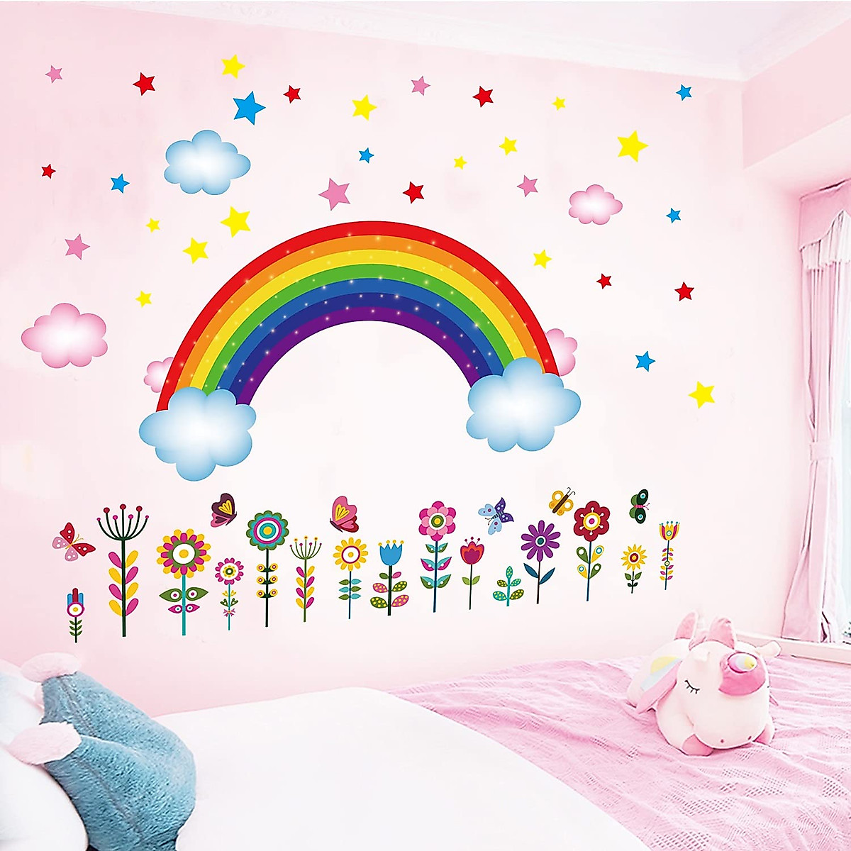 Joyduo 3 Sheets Rainbow Wall Decal Rainbow Wall Sticker, Large Removable Rainbow Butterflies Clouds Star Flower Wall Decals for Nursery Kids Girls Bedroom Decor