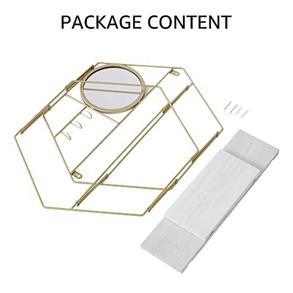 TFER Floating Shelves Wall Mounted Hexagon Wall Shelf Hanging Shelves for Wall Storage Rustic Wood Wall Shelves for Bedroom, Living Room, Bathroom, Kitchen, Office, with Mirror and Hooks (Gold)