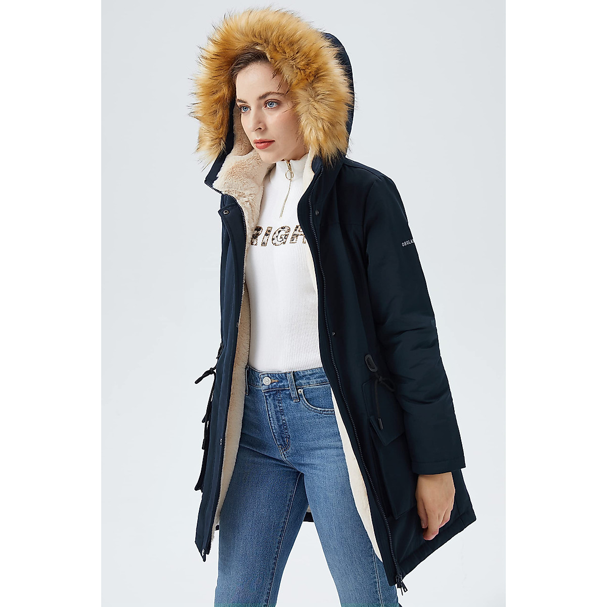 Orolay Women's Thicken Fleece Lined Parka Winter Coat Hooded Jacket with Removable Fur Collar Navy XL