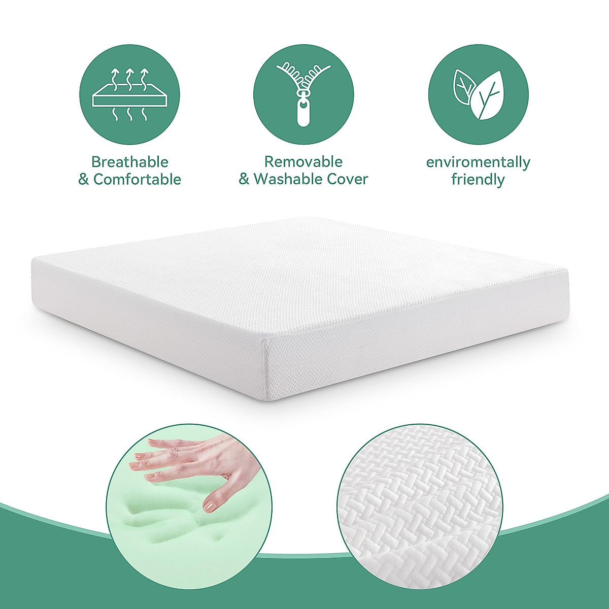 Hcore RV Mattress 10" Short King,Green Tea Medium Firm Memory Foam Mattress in a Box,Pressure Relief,Campers/Trailers/Trucks Mattress in a Box,CertiPUR-US Certified,Made in USA