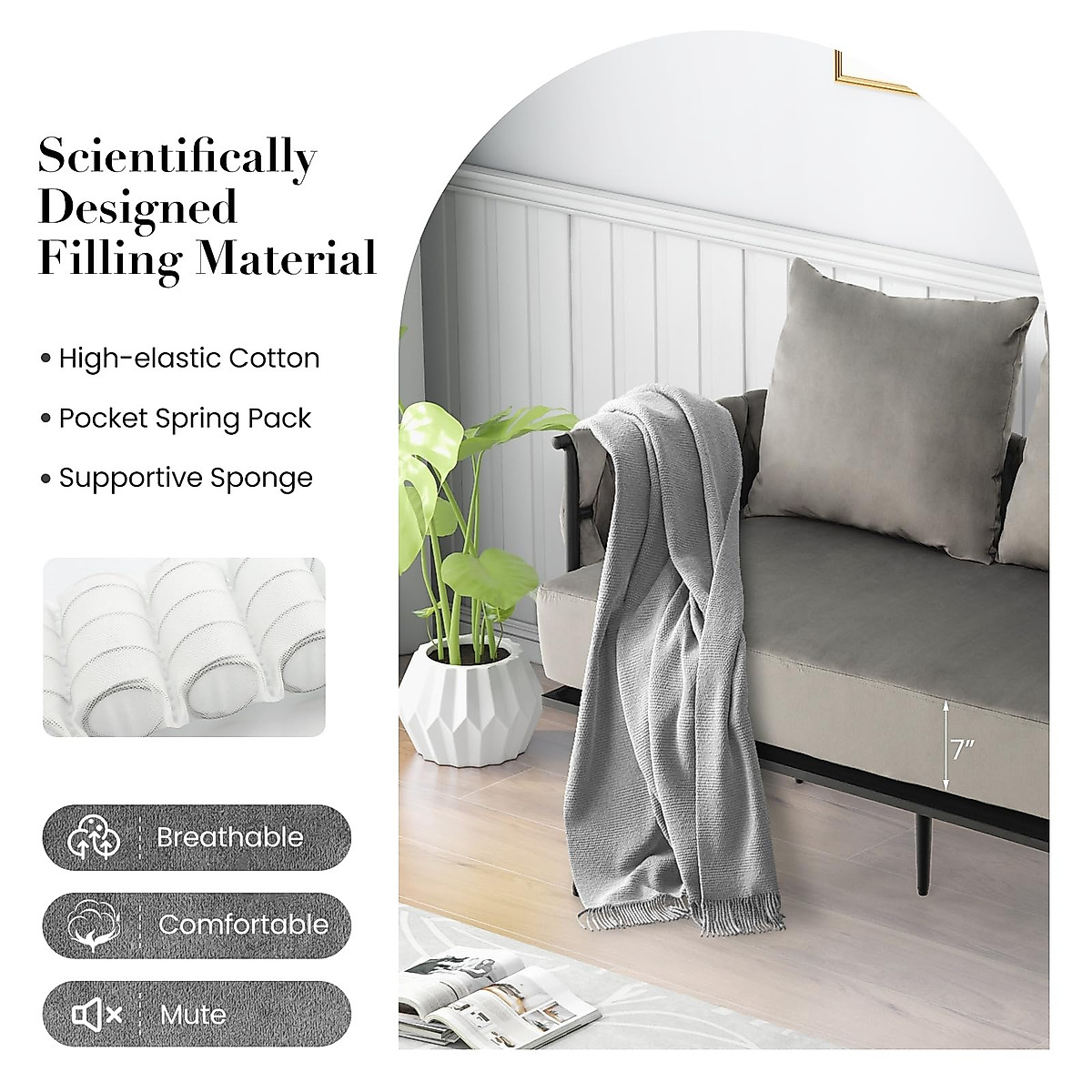 KOMFOTT 43” Loveseat Sofa, Modern Upholstered 2-Seat Sofa with 2 Back Pillows, Woven Backrest & Armrest, Mid Century Modern Dutch Velvet Sofa for Living Room Bedroom Apartment (Gray)