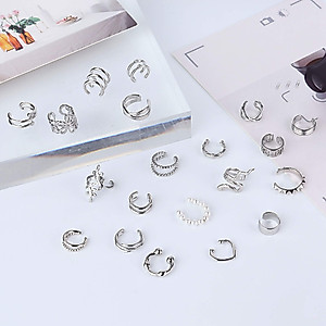 FIBO STEEL 20Pcs Ear Cuffs Earrings Set for Women Non-Piercing Dainty Cartilage Ear Clip On Wrap Earring Set Adjustable Silver Plated