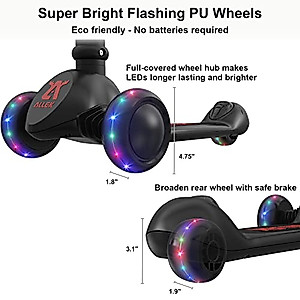 Allek Kick Scooter Foldable F02, 3-Wheel LED Flashing Glider and 4 Adjustable Height with Anti-Slip Thick Deck Push Scooter for Children 3-12yrs (Black)