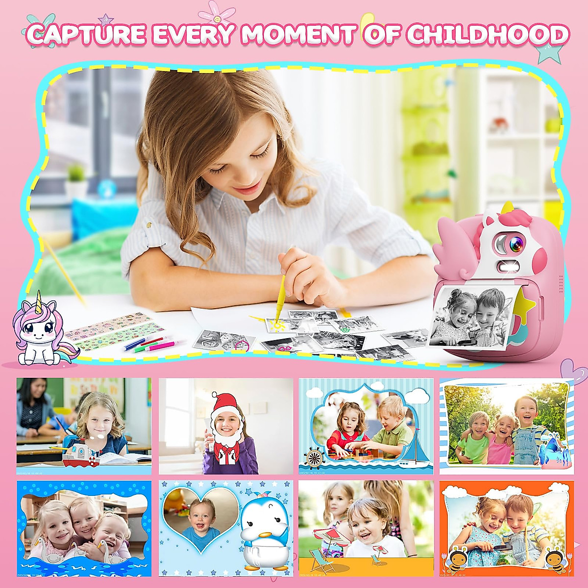 CAMCLID Kids Camera Instant Print, 12MP & 1080P Instant Camera for Kids with 32G Card & Print Paper, Selfie Digital Video Camera for Toddler,Christmas Birthday Gifts for Girls Boy Age 3-12 (Pink)