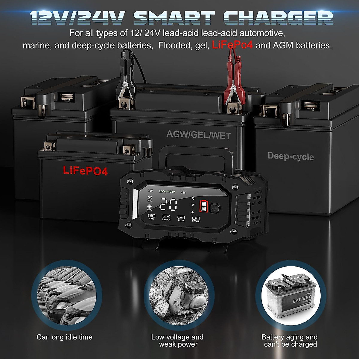 ABLY Battery Charger 20A 12V/24V LiFePO4 Lead Acid Fully Automatic Battery Maintainer, Car Battery Trickle Charger Automotive w/Battery Repair, Winter Mode, for AGM, STD, Gel, Deep Cycle Batteries