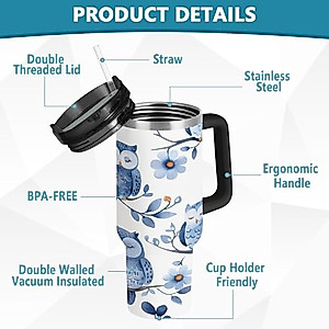 FRCSDIY Cartoon Owl Insulated Tumbler with Handle and Straw Lid,30oz Leakproof Stainless Steel Cup BPA-Free Water Bottle