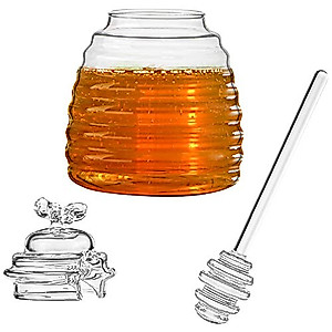 Hedume Honey Jar with Dipper and Lid, Honey Bee Pot, 17oz Glass Beehive Honey Pot for Home Kitchen