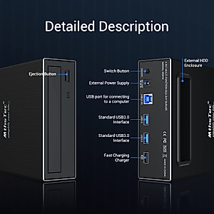 mthstec 4 in 1 External Blu-ray Drive, 16x USB 3.0 and Type-C External Bluray Drive, Multi-Function Fast-Charging Desktop BD/CD/DVD Burner/Read with HDD Enclosure USB HUB for Both Mac/PC