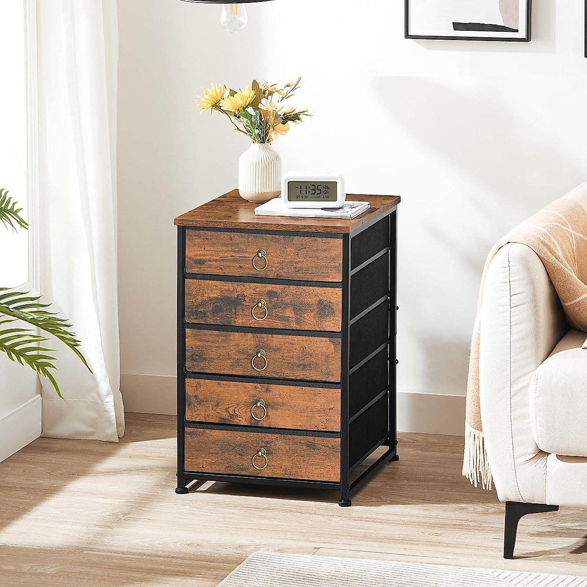HOOBRO 5-Drawer Chest, File Cabinet, Office Cabinet with Drawers, Rolling Printer Stand, Filing Cabinet for Living Room, Home Office, Nonwovens Drawer, Easy Assembly, Rustic Brown BF50WJ01