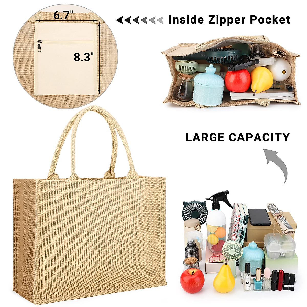 Offiper Burlap Bags with Handles, 6 Pack Large Jute Bags With Zipper Pocket, Grocery shopping Bag, Welcome Bag for Bridesmaid, Blank Tote for Beach Trip Bachelorette Party Wedding DIY Work Daily Use