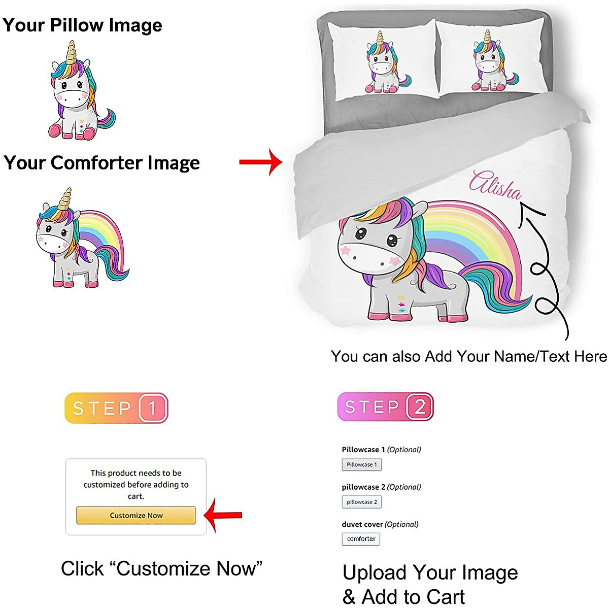 Custom Comforter Set with Photos Personalized Customized Picture Bedding Sets for Boys Girls (1 Comforter and 2 Pillowcases)