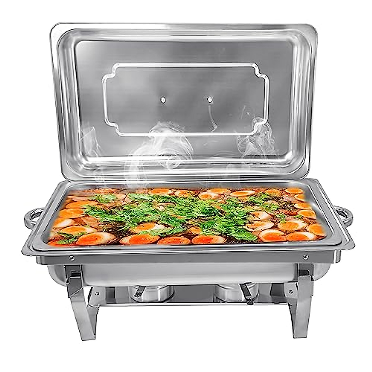 JSTUOKE Chafing Dish Buffet Set 1 Pack, 8QT Stainless Steel Chafer, Rectangle Catering Warmer Server w/Lid Water Pan Folding Stand Fuel Tray Holder Spoon Clip
