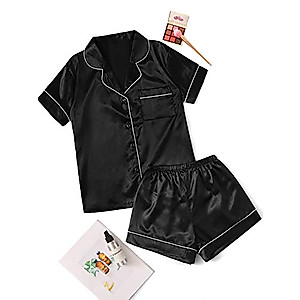 SweatyRocks Women's Short Sleeve Sleepwear Button Down Satin 2 Piece Pajama Set Black Small