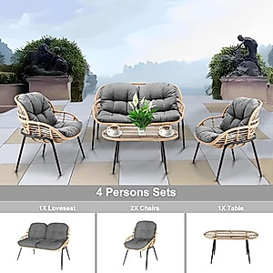 Urban Home Furniture Belize 4-Piece PE Natural Rattan Outdoor Conversation Set, 2 Single Chairs with Cushions, Loveseat with Cushions, Coffee Table with Glass Top, with Grey Cushions
