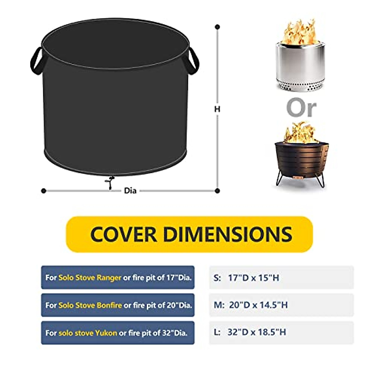 SELUGOVE Fire Pit Cover Round for Solo Stove Yukon Waterproof Winter Indoor Outdoor 32"Dia x 18.5"H 600D Polyester Anti-Crack Heavy Duty - Black,Solo Stove Yukon Cover