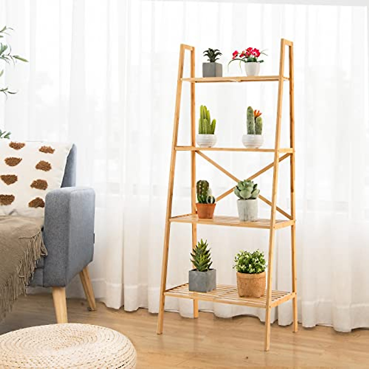 Giantex 4-Tier Bamboo Bookshelf, Multifunctional Storage Display Rack Shelves with Anti-Tipping Device, Natural Wood Ladder Shelf for Home Office Kitchen Bathroom