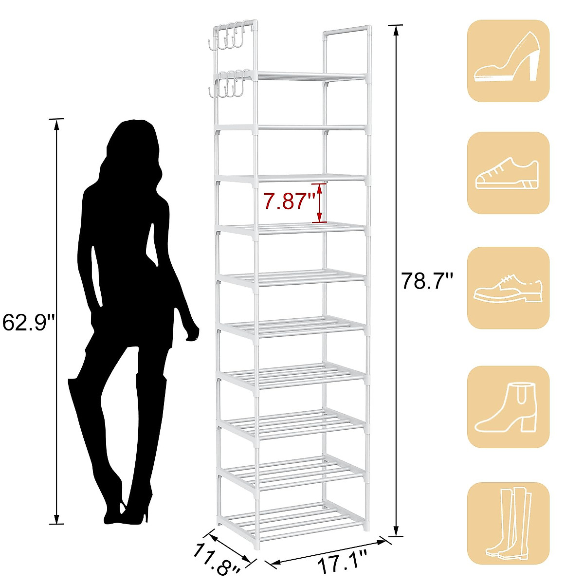 ROJASOP 10 Tiers Metal Shoe Rack Organizer Tall Shoe Racks for Closets Entryway Corner Shoe Rack Shoe and Boots Organizer Storage Narrow Shoe Rack for Closet Entryway Sturdy Shoe Shelf Shoe Stand