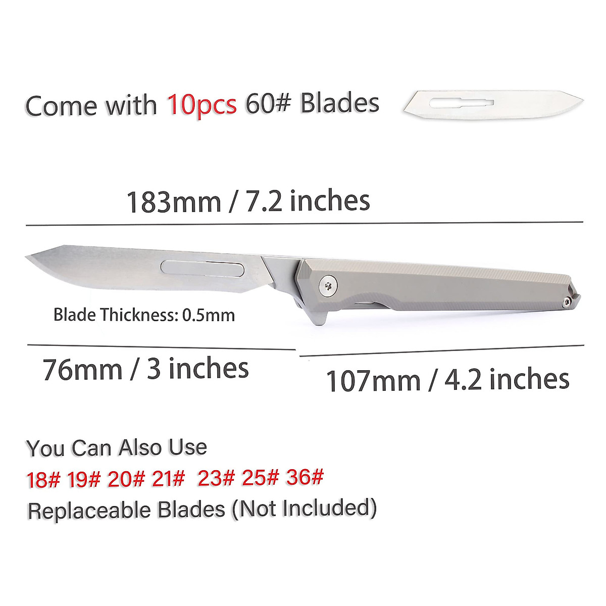 TENCHILON TS29 Small Slim Flipper #60 Blades Pocket Scalpel Knife, 4.2 inches TC4 Titanium Handle Pocket Clip, Insert Bar Frame Lock, Gentleman's EDC Knives with Waterproof Capsule